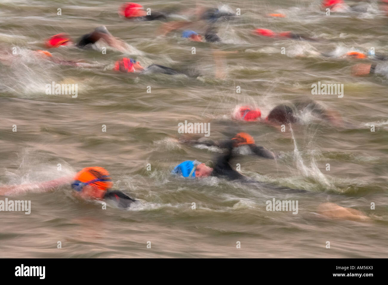 triathletes competing in the swimming phase of the Ironman Triathlon at ...