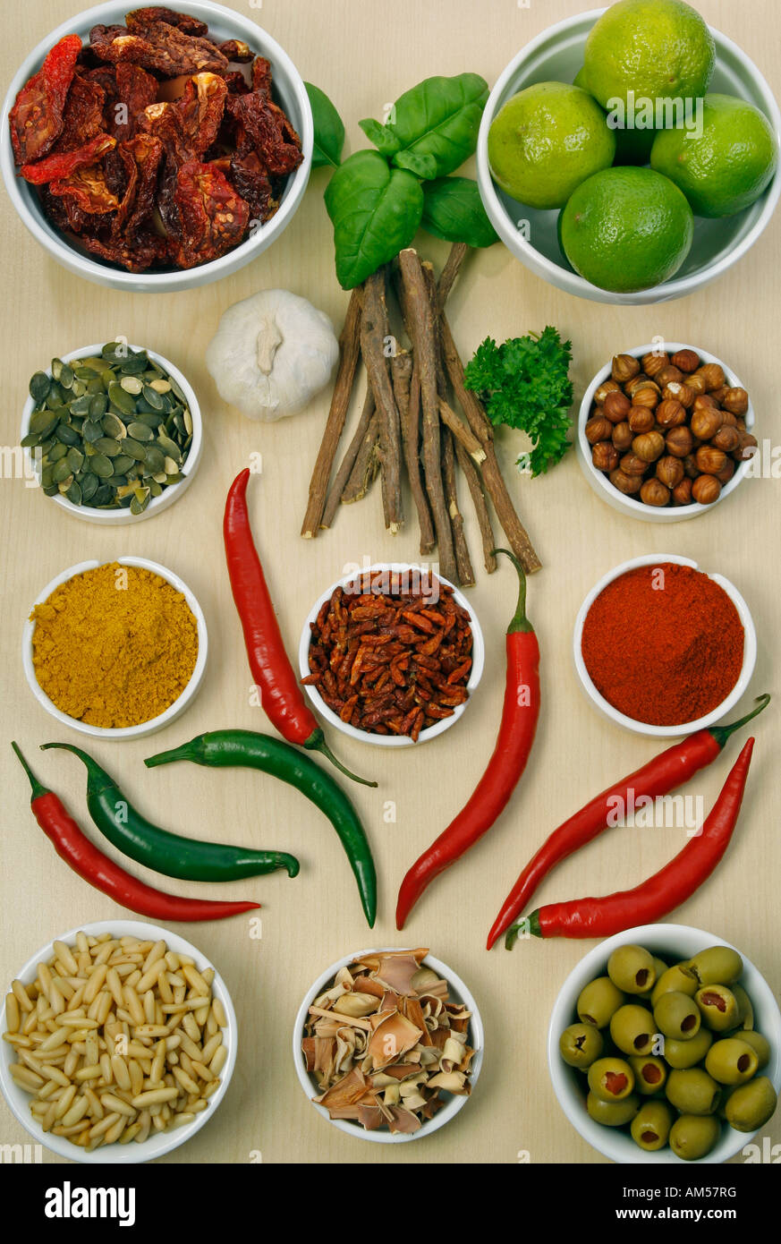 Food engredients and spices arranged on a piece of birch board Stock ...