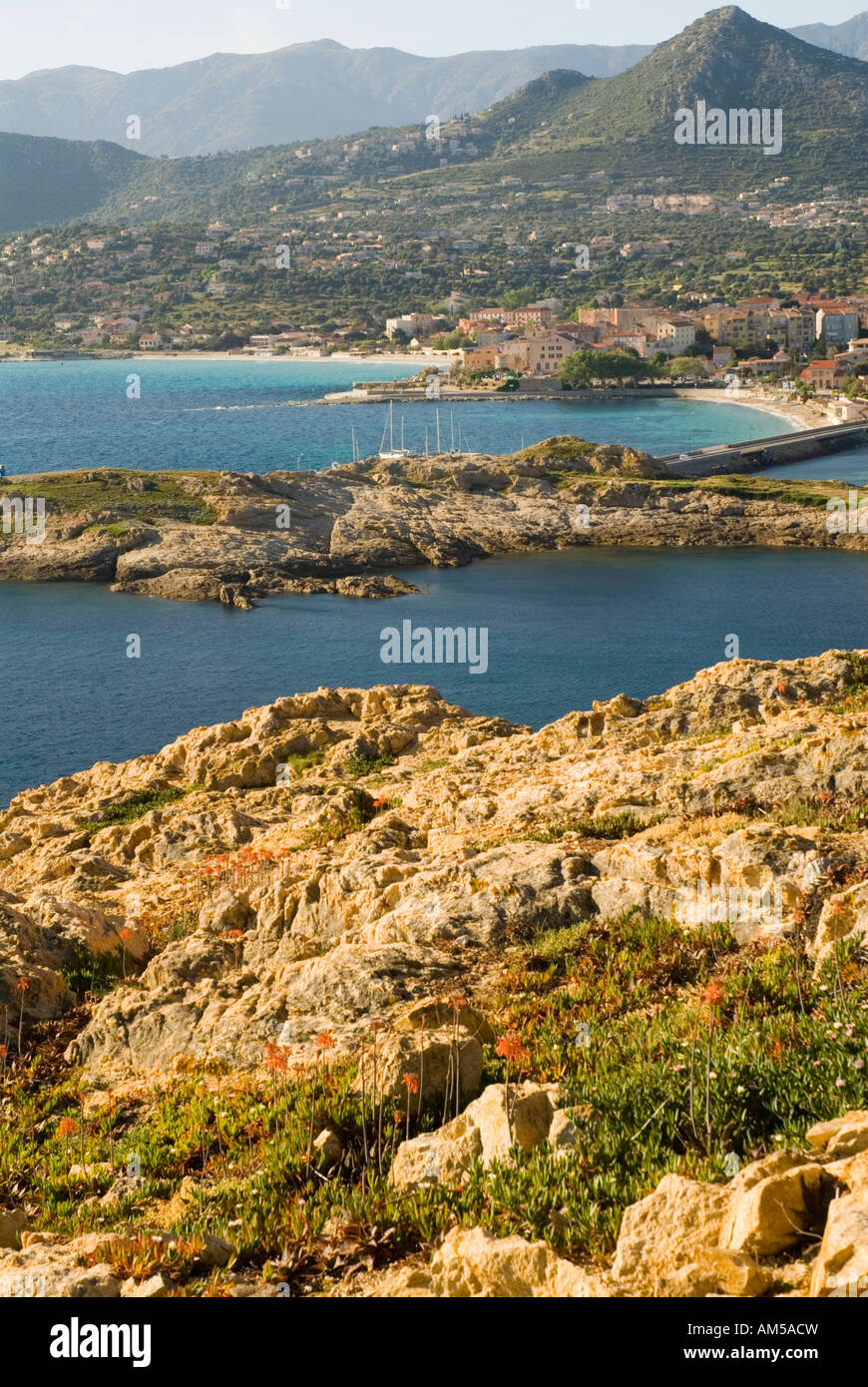 Europe, France, Corsica, Ile Rousse. View from trail to lighthouse ...