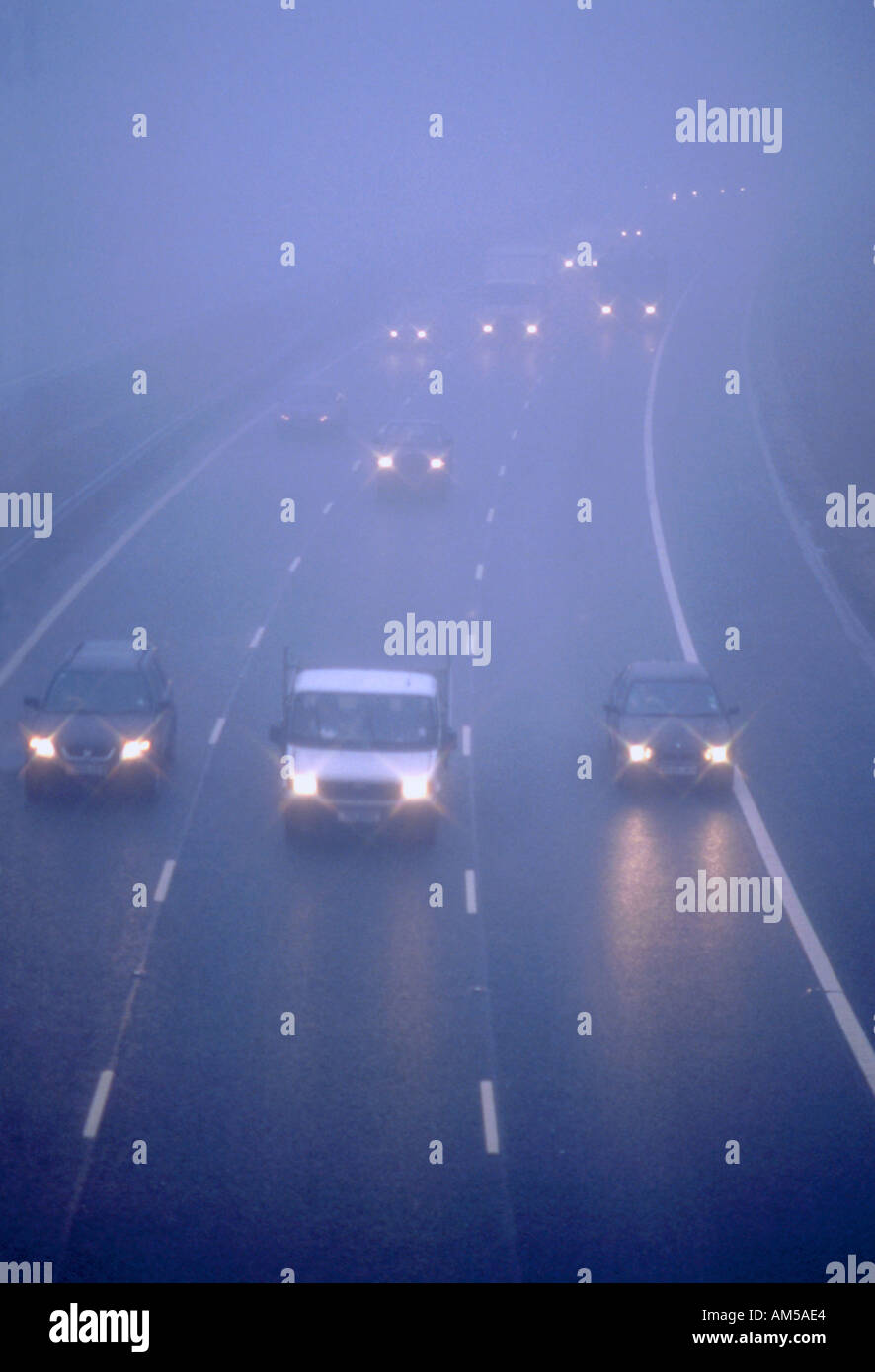 Traffic in fog on the M62 motorway, near Leeds, West Yorkshire, England ...