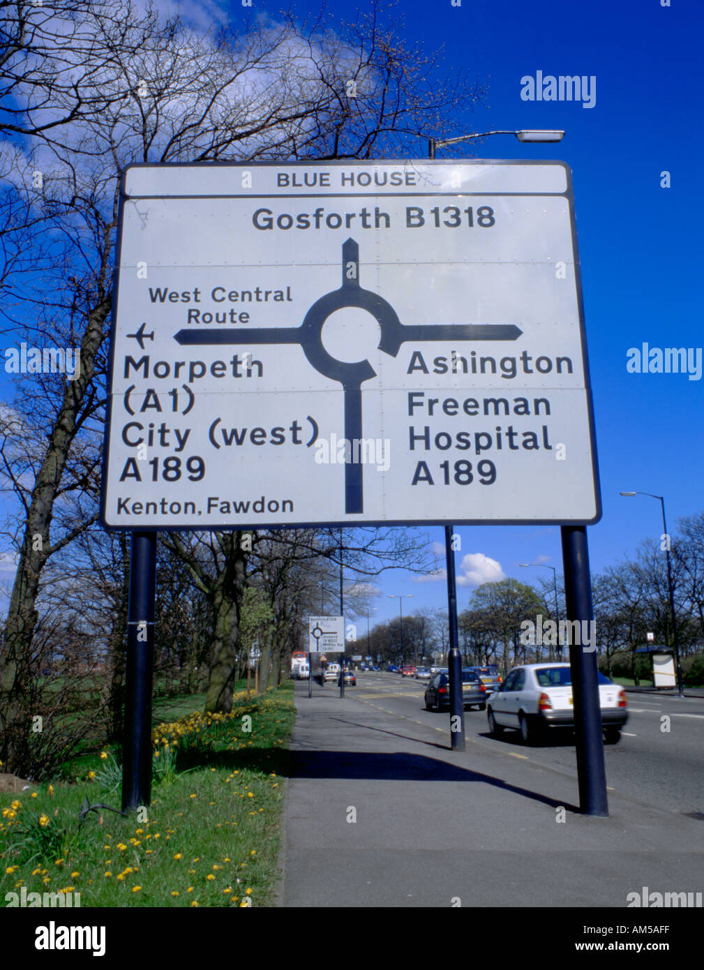 Road sign at the approach to a roundabout, Newcastle upon Tyne, Tyne ...