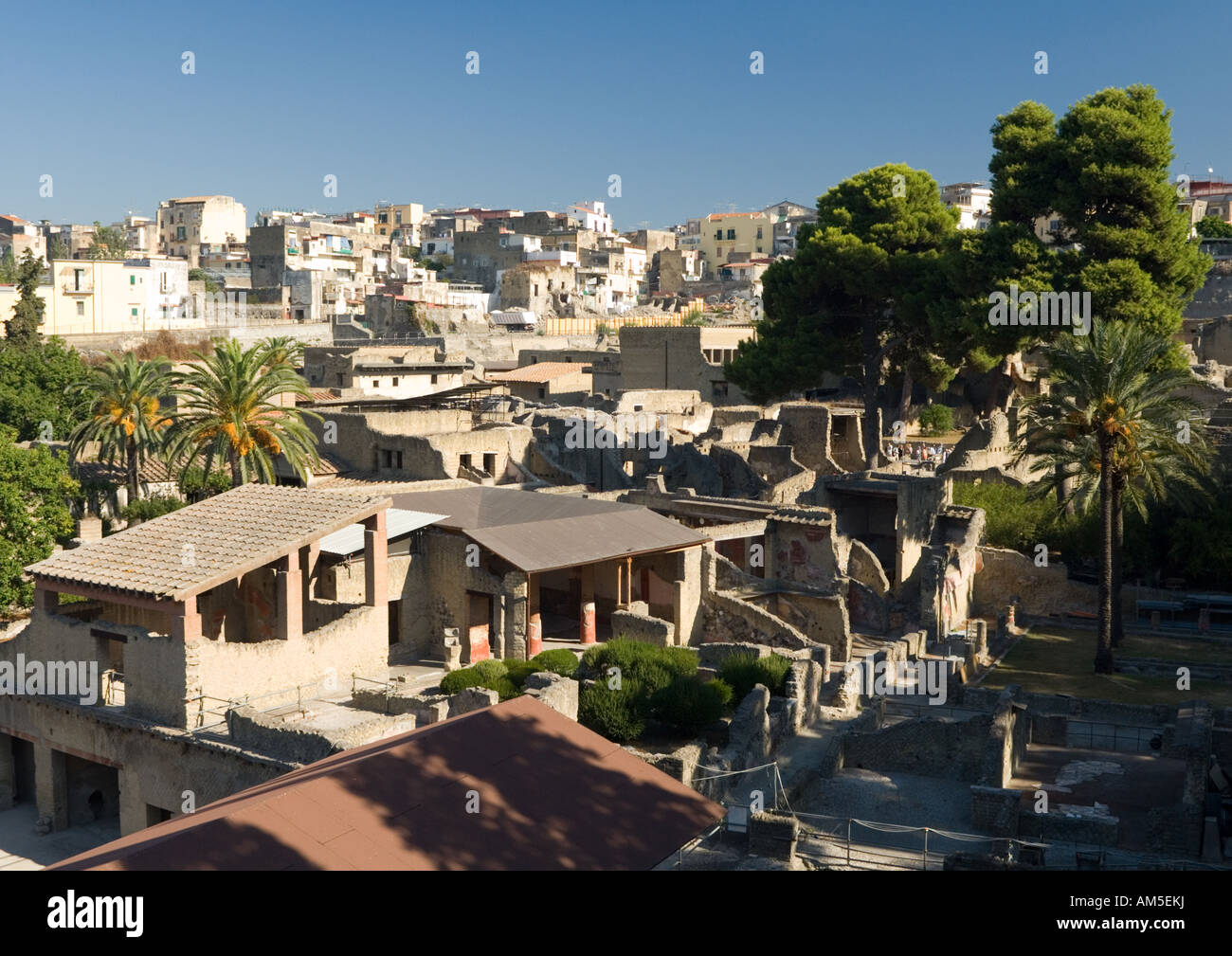 Over-view of ancient site of Herculaneum with town of Ercolano in the ...