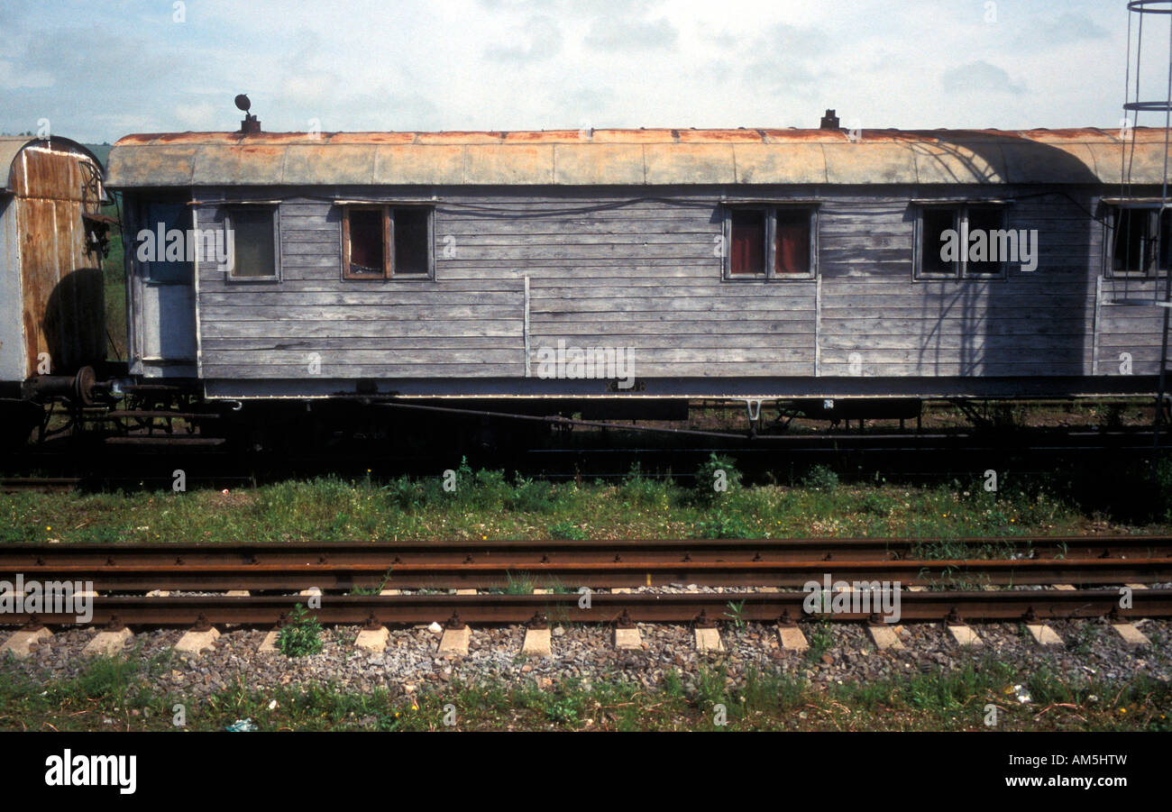 Romania, Transylvania, near Brasov, old train on a railroad siding ...