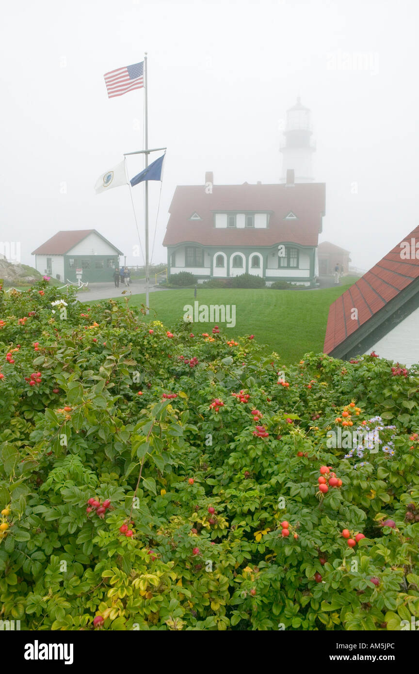 Fog shrouds the Portland Head Lighthouse in Cape Elizabeth Maine Stock ...
