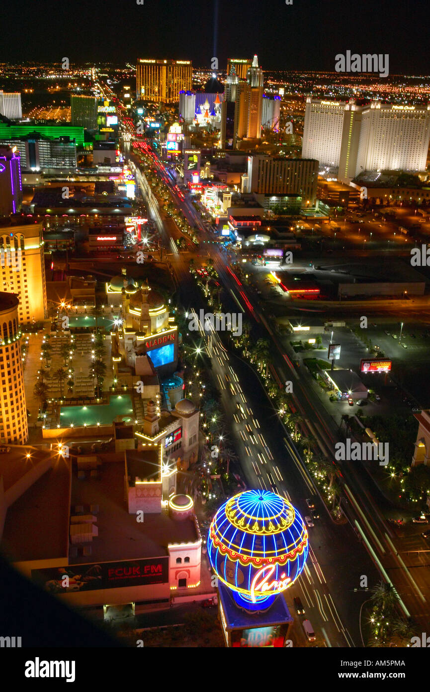 Aerial view at night from Eiffel Tower of Las Vegas Strip and neon lights Las Vegas NV Stock ...