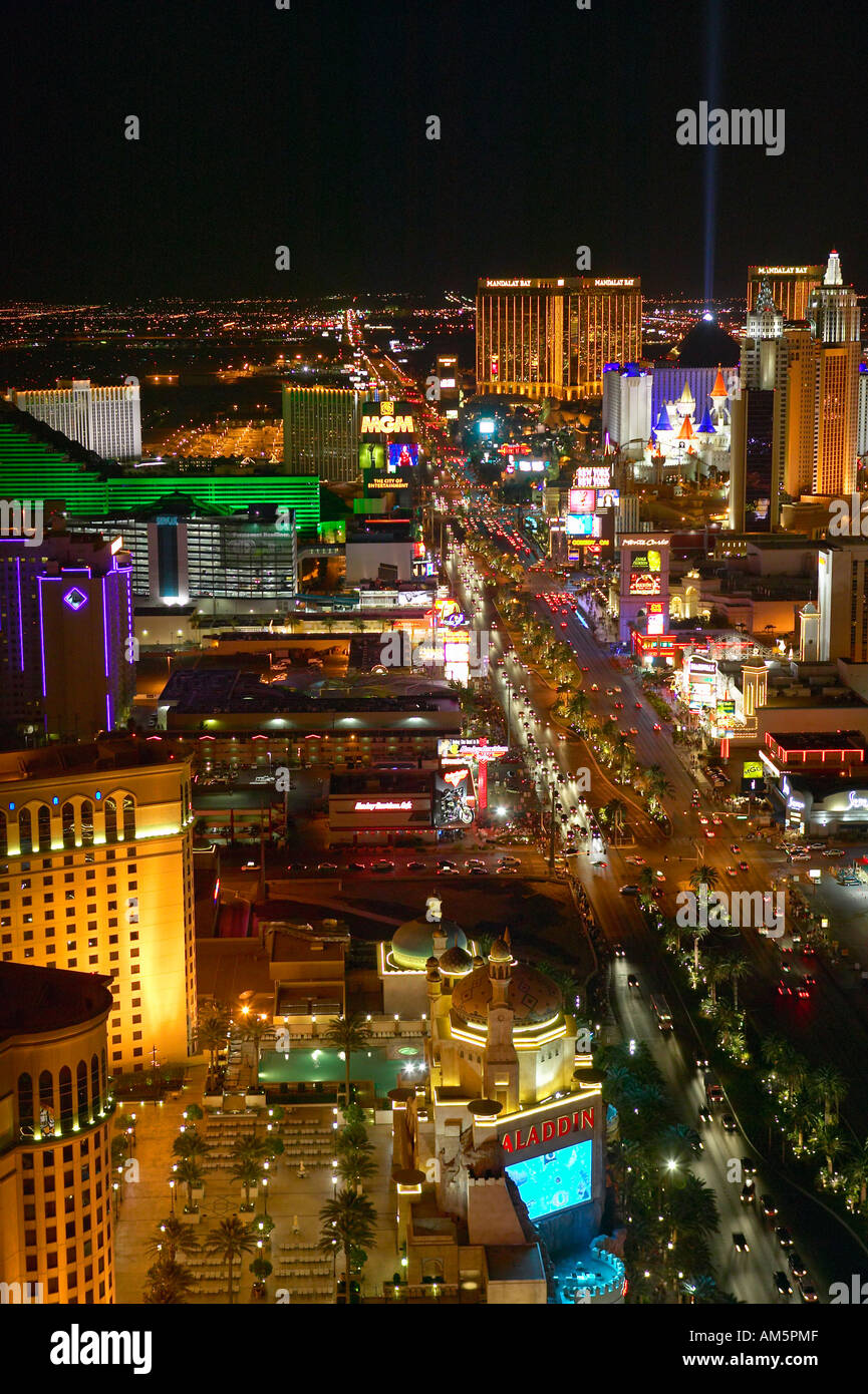Aerial view at night from Eiffel Tower of Las Vegas Strip and neon lights Las Vegas NV Stock ...