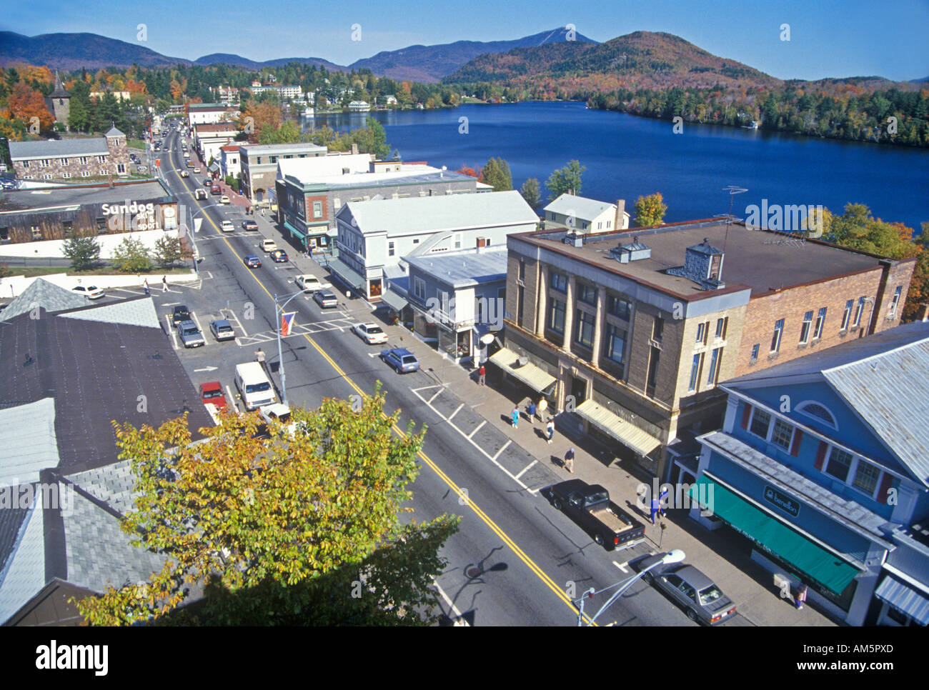 Aerial view of Lake Placid NY downtown with Adirondack Mountains Stock ...
