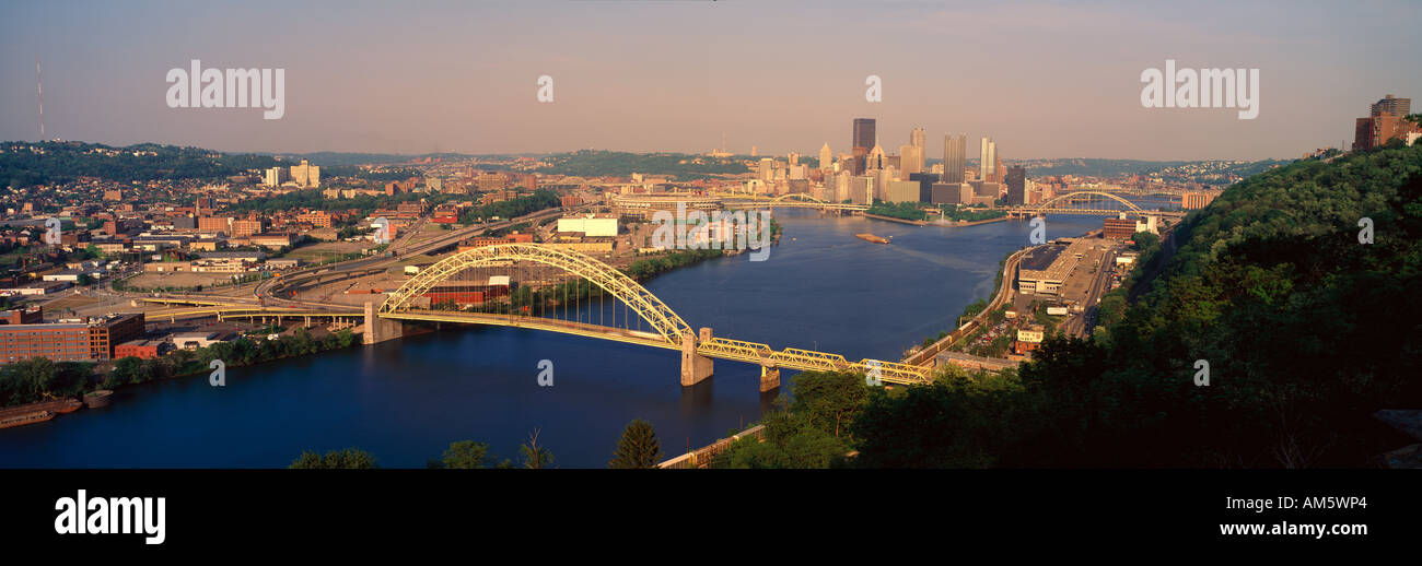 Panoramic morning view of Pittsburgh PA with West End Bridge and ...