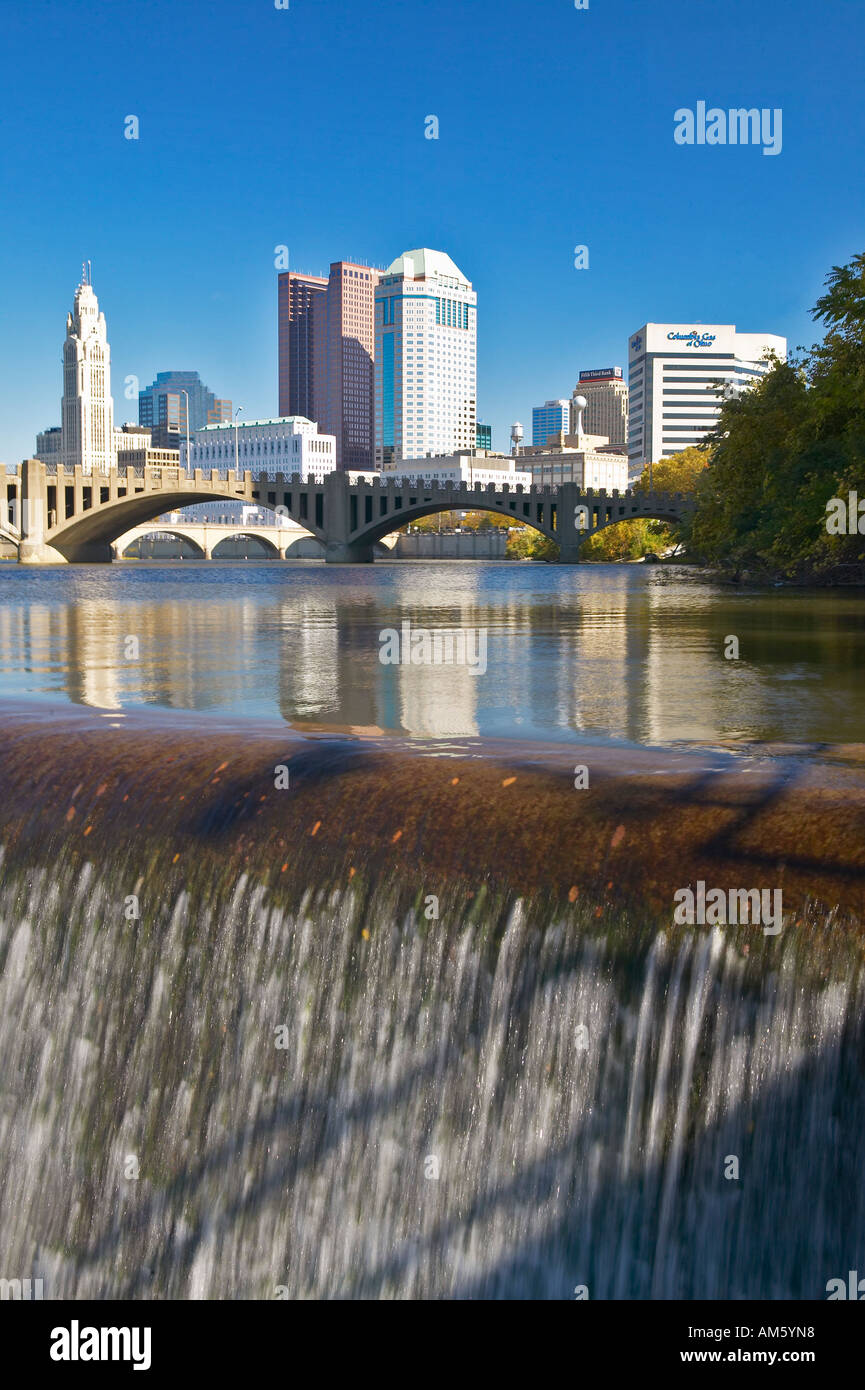 Scioto River with waterfall and Columbus Ohio skyline with setting ...