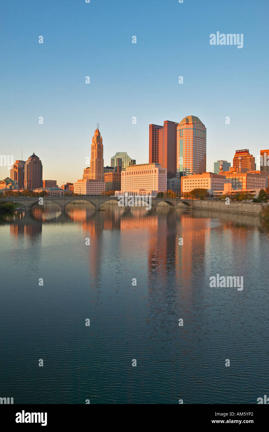 Scioto River and Columbus Ohio skyline in autumn with sunset reflection ...