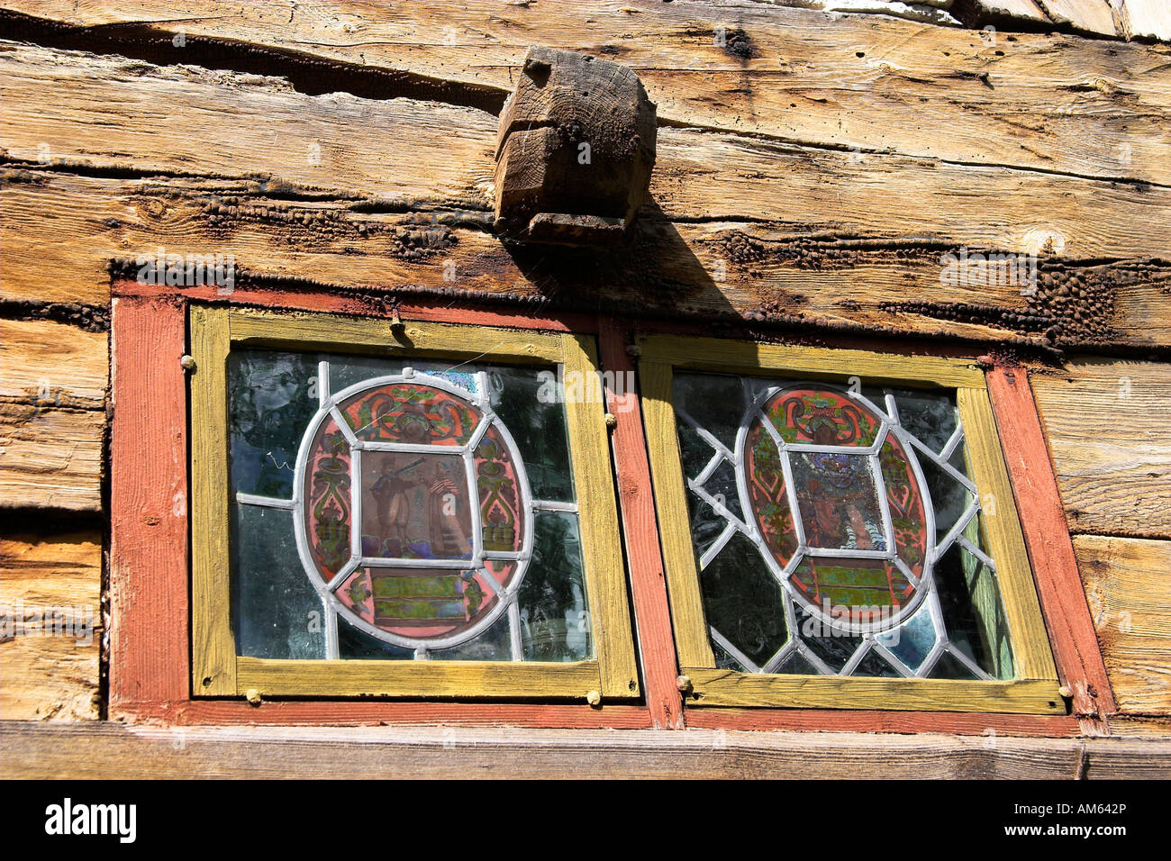 Decorated windows of a farmhouse in the open-air museum in Bunge ...
