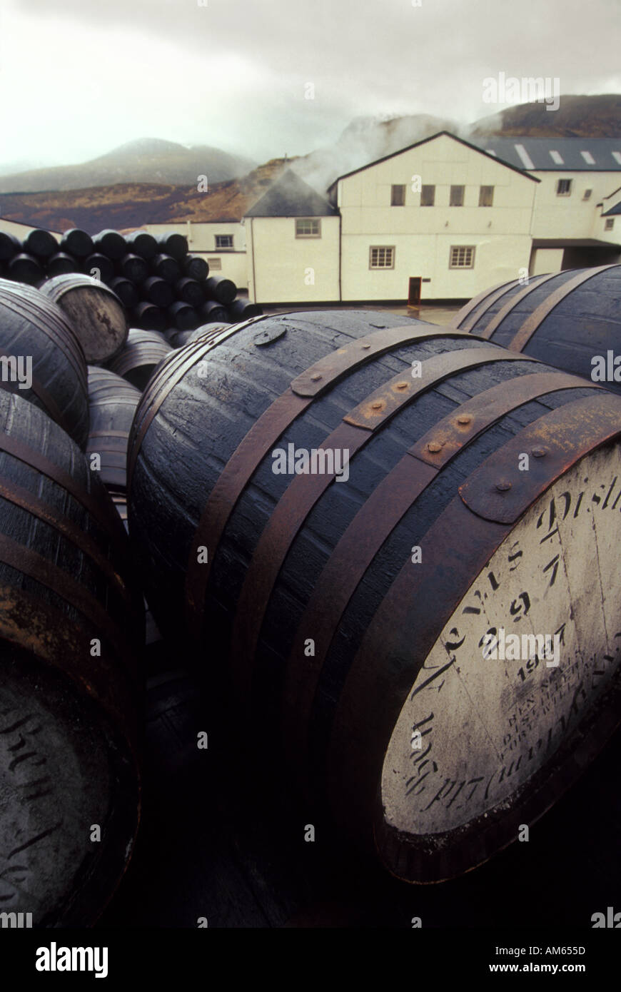 Scotland Highlands Malt Whisky ages in barrels outside the Fort William ...