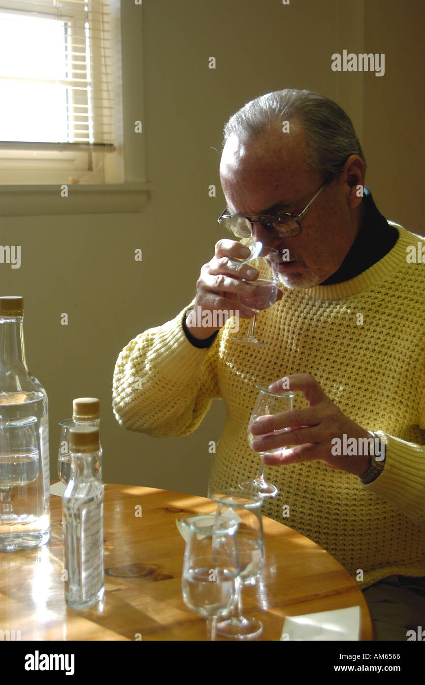 Master distiller checking aroma of bourbon whiskey samples in quality ...