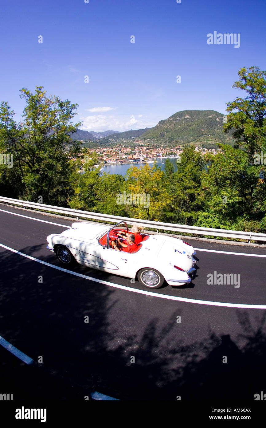 Vintage car on a street above Salo at the Southern end of the Lake ...