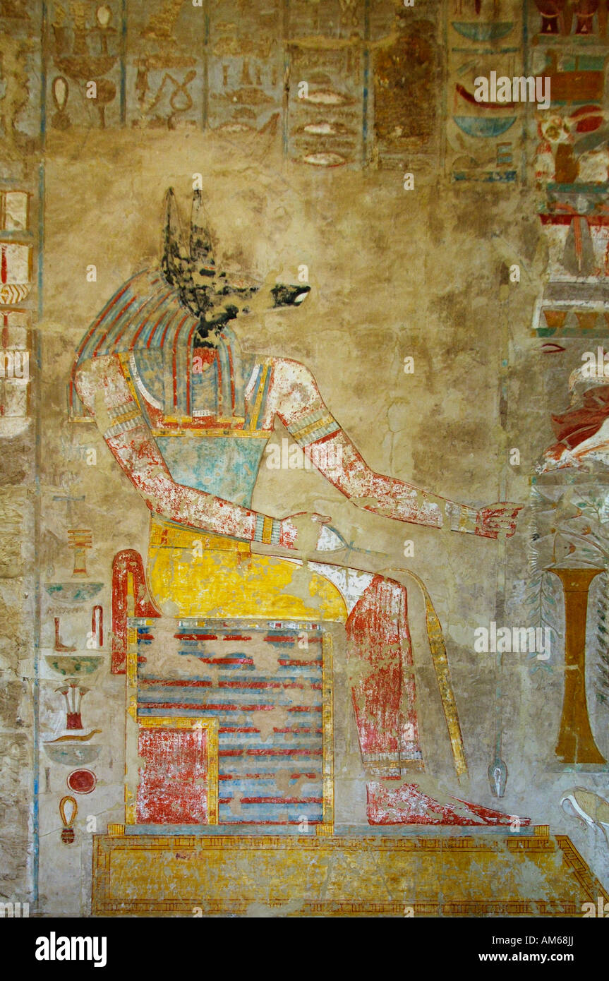 Painted Anubis hieroglyph Hatshepsut temple Egypt North Africa Stock ...