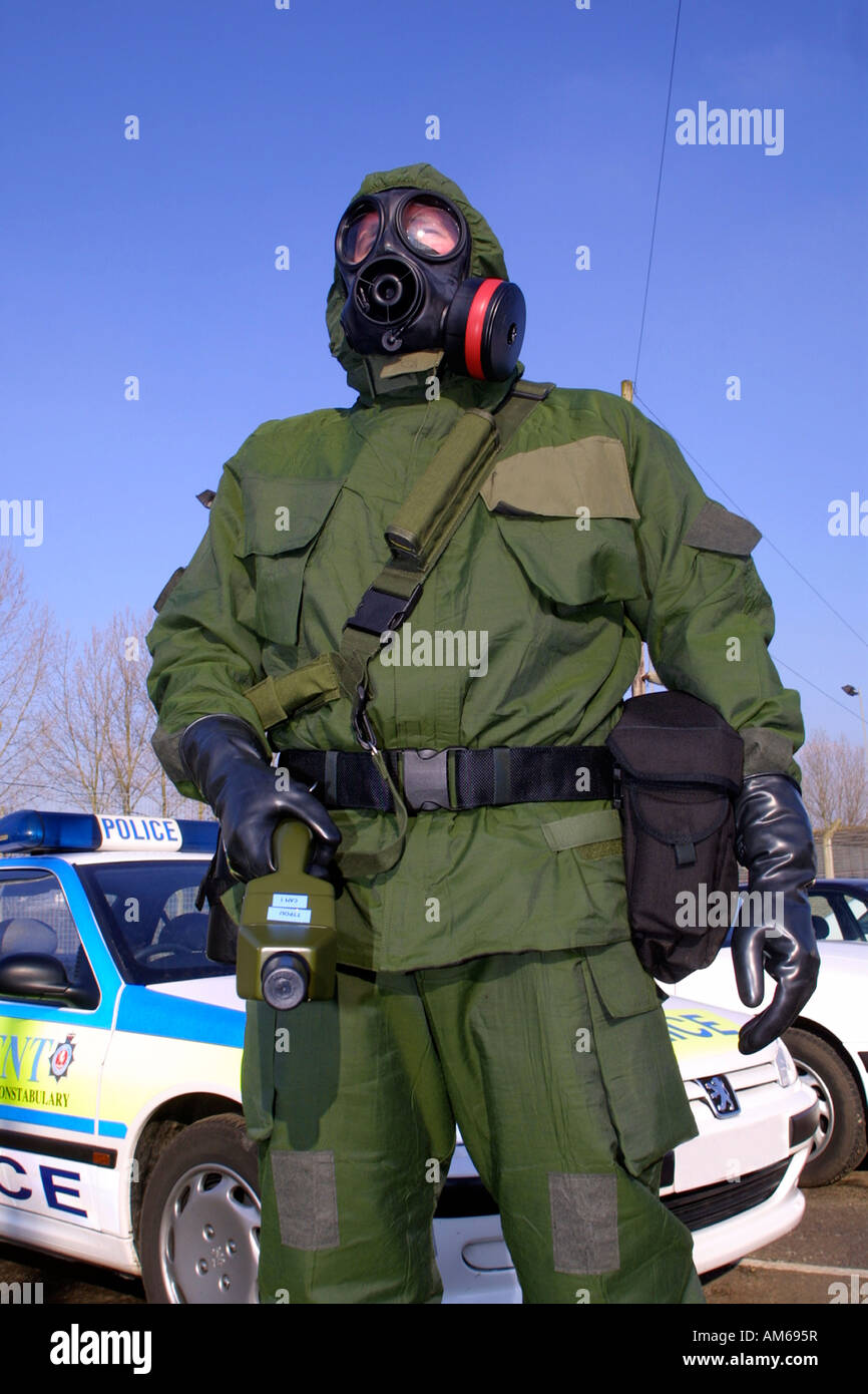 British Policeman wearing bioterrorism protection suit and carrying ...