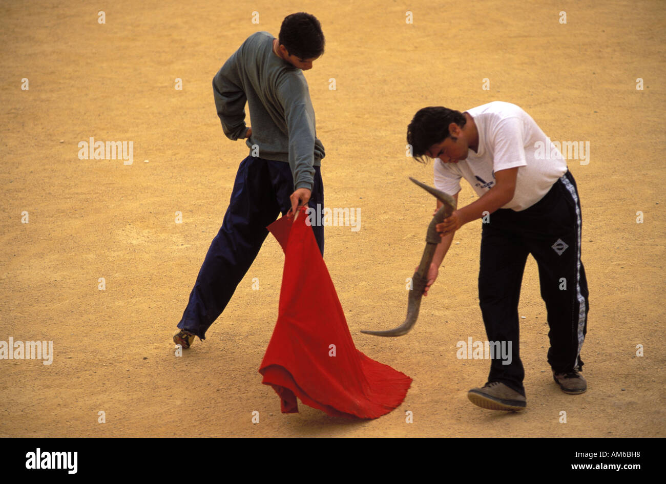 Aspirant bullfighters are practising their skills in the arena of a ...