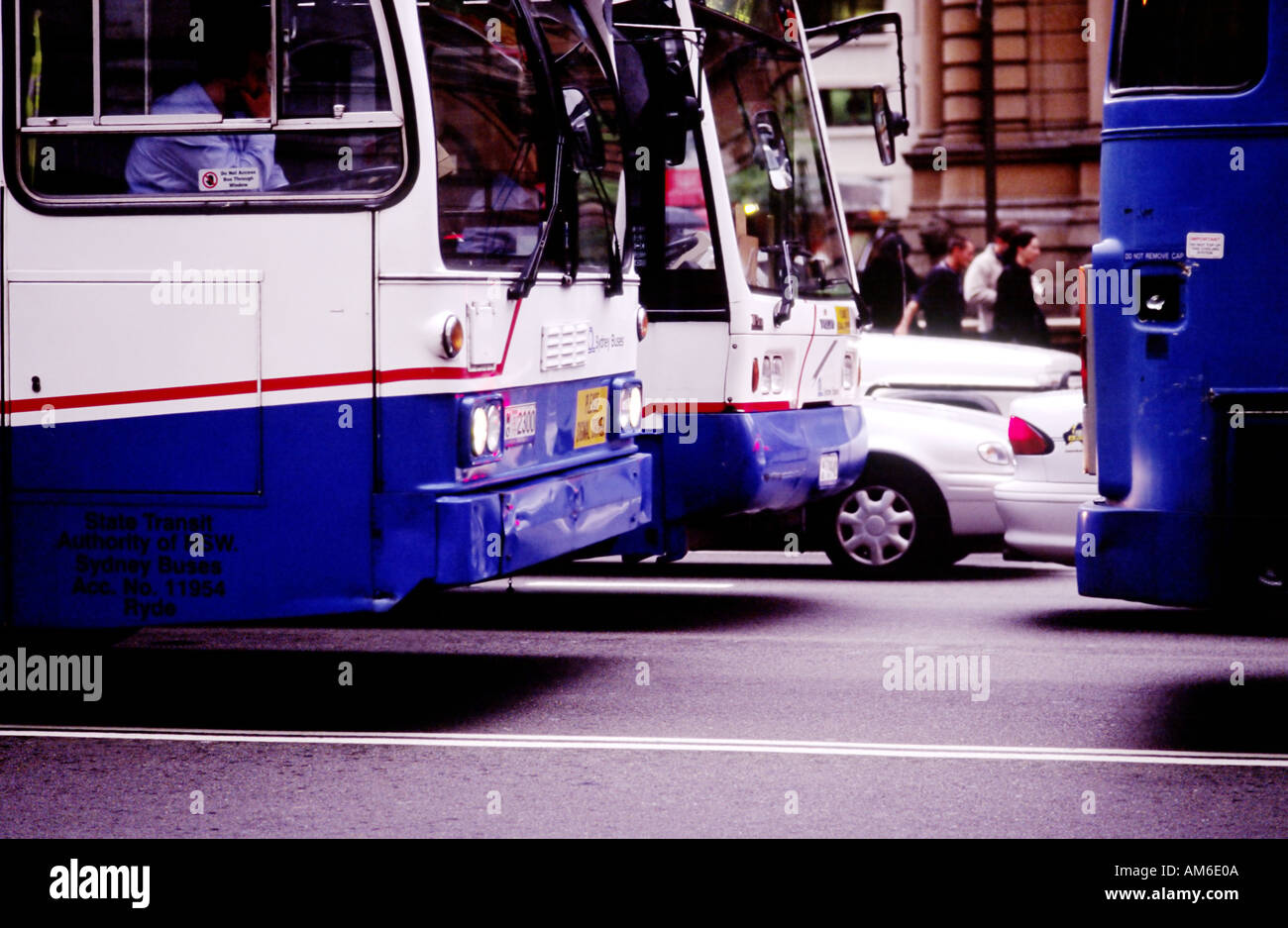 Busy City Street crowded with blue and white busses in Sydney Australia ...