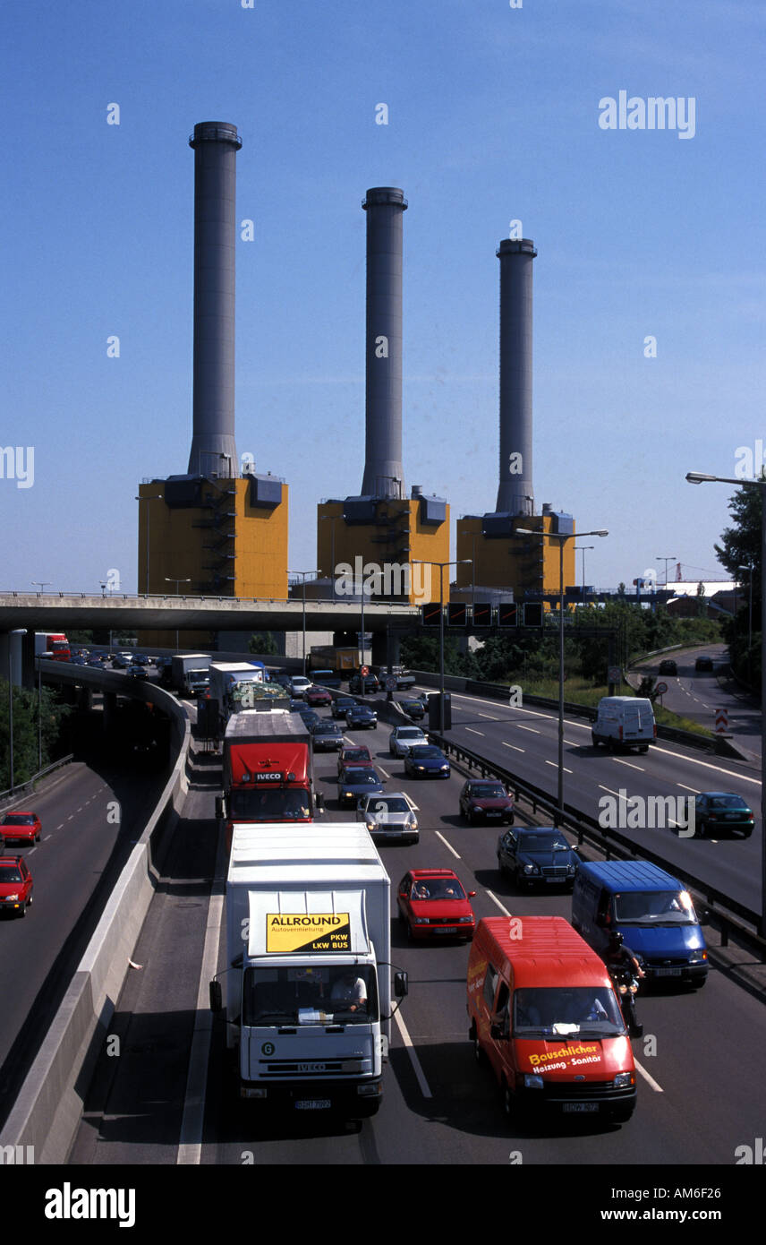 Germany Berlin heavy traffic on the motorway and a power station in the ...