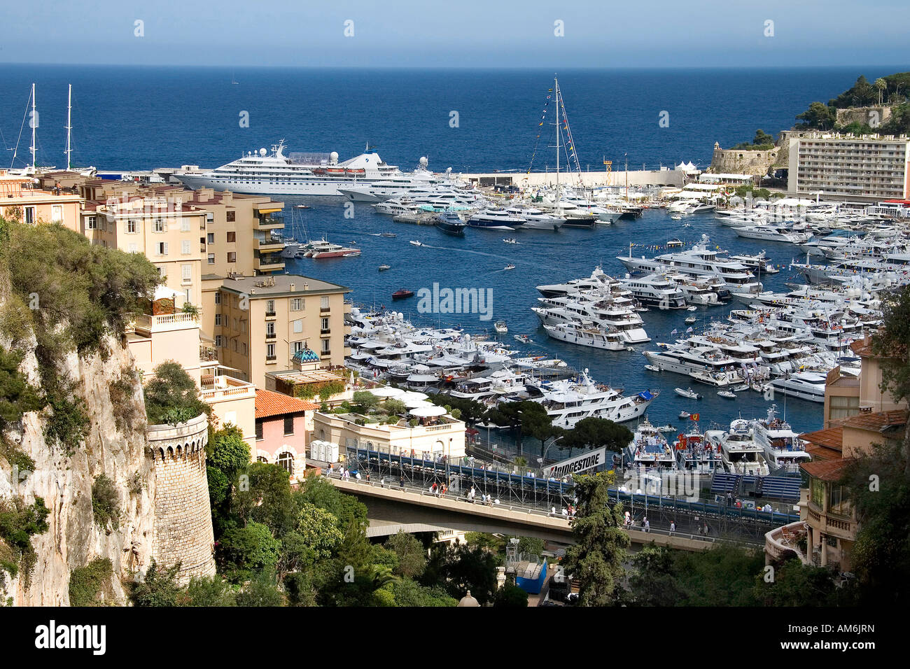 Monaco clifftop looking down to the harbour during grand prix weekend ...