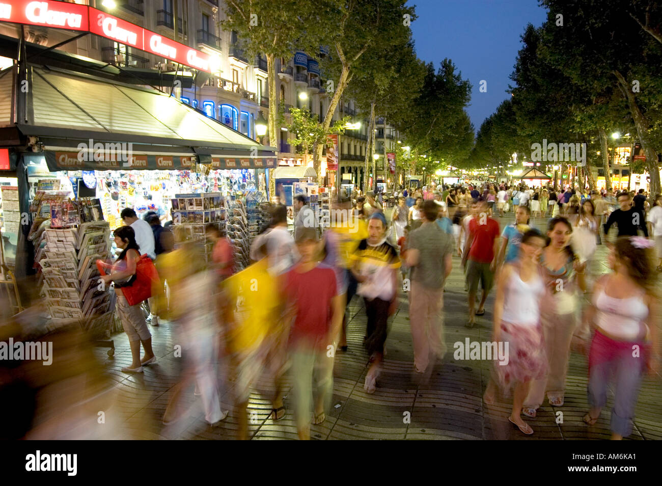 Busy evening rush of people going out on La Rambla pedestrianised ...