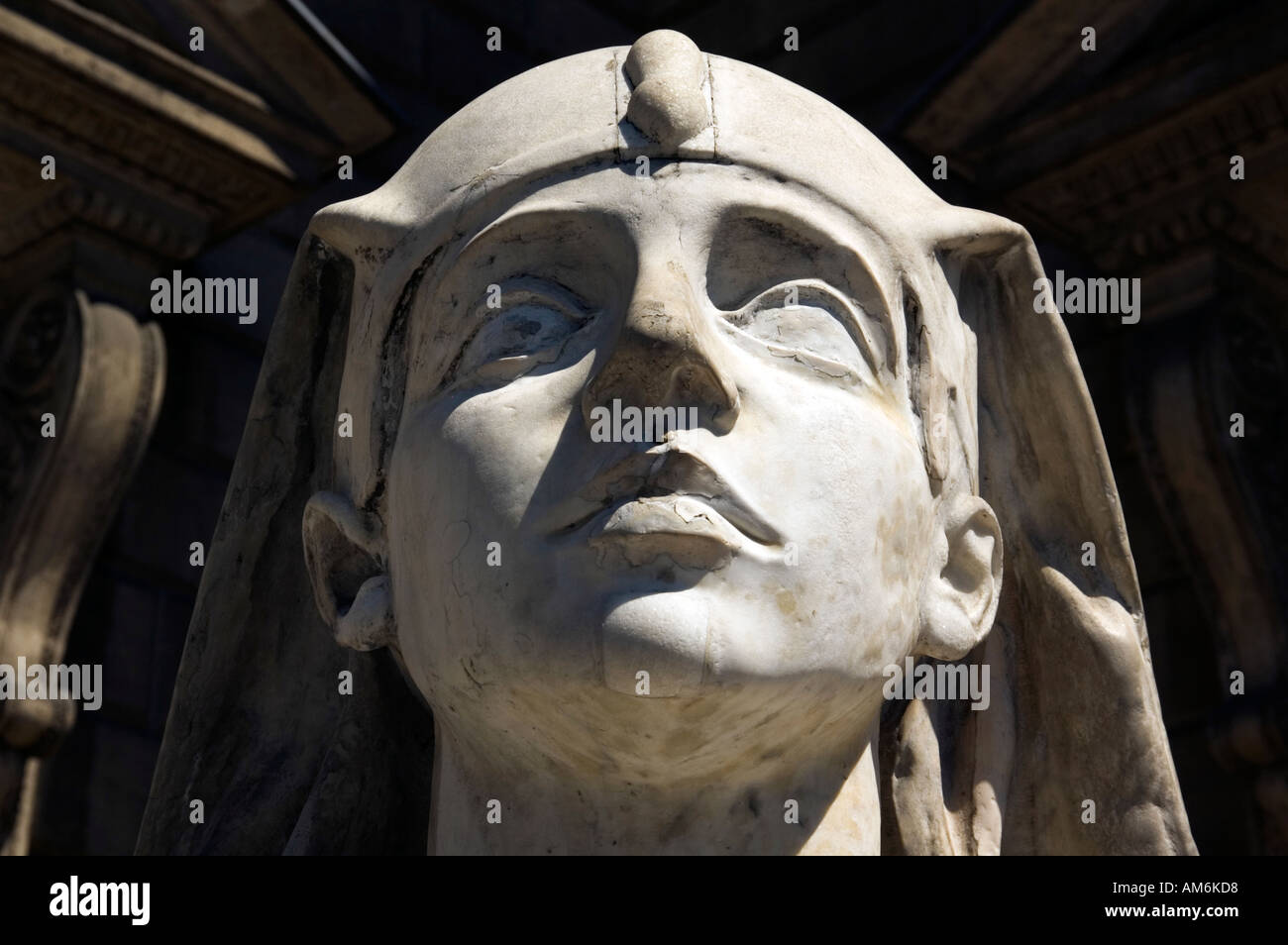 Face of female Egyptian sphinx in front of the Hungarian State Opera ...