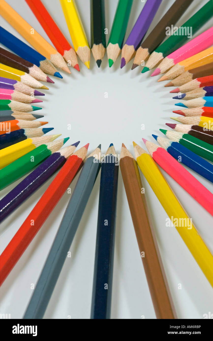Colored pointed pencils forming a circle kaen from a low angle Stock ...