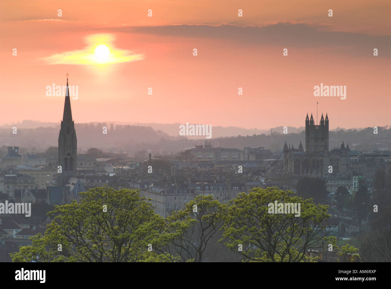 Bath including Bath Abbey at sunset from Bathwick Hill England Stock ...