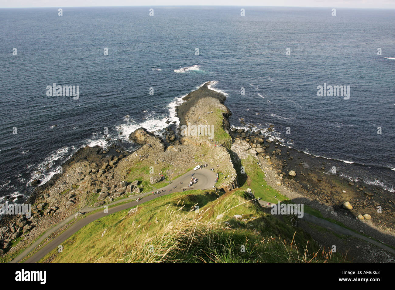Aerial view of the famous Giants Causeway coast and tourist bus park ...