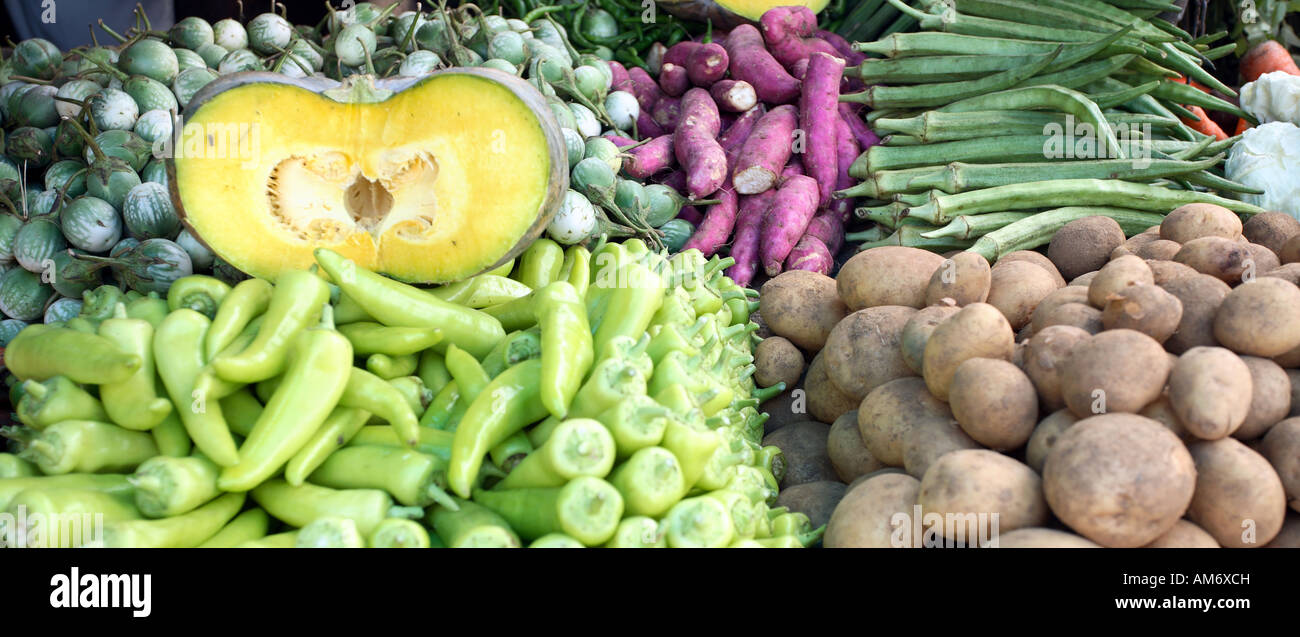 Sri Lankan vegetables at a roadside stall including chillis potatoes ...