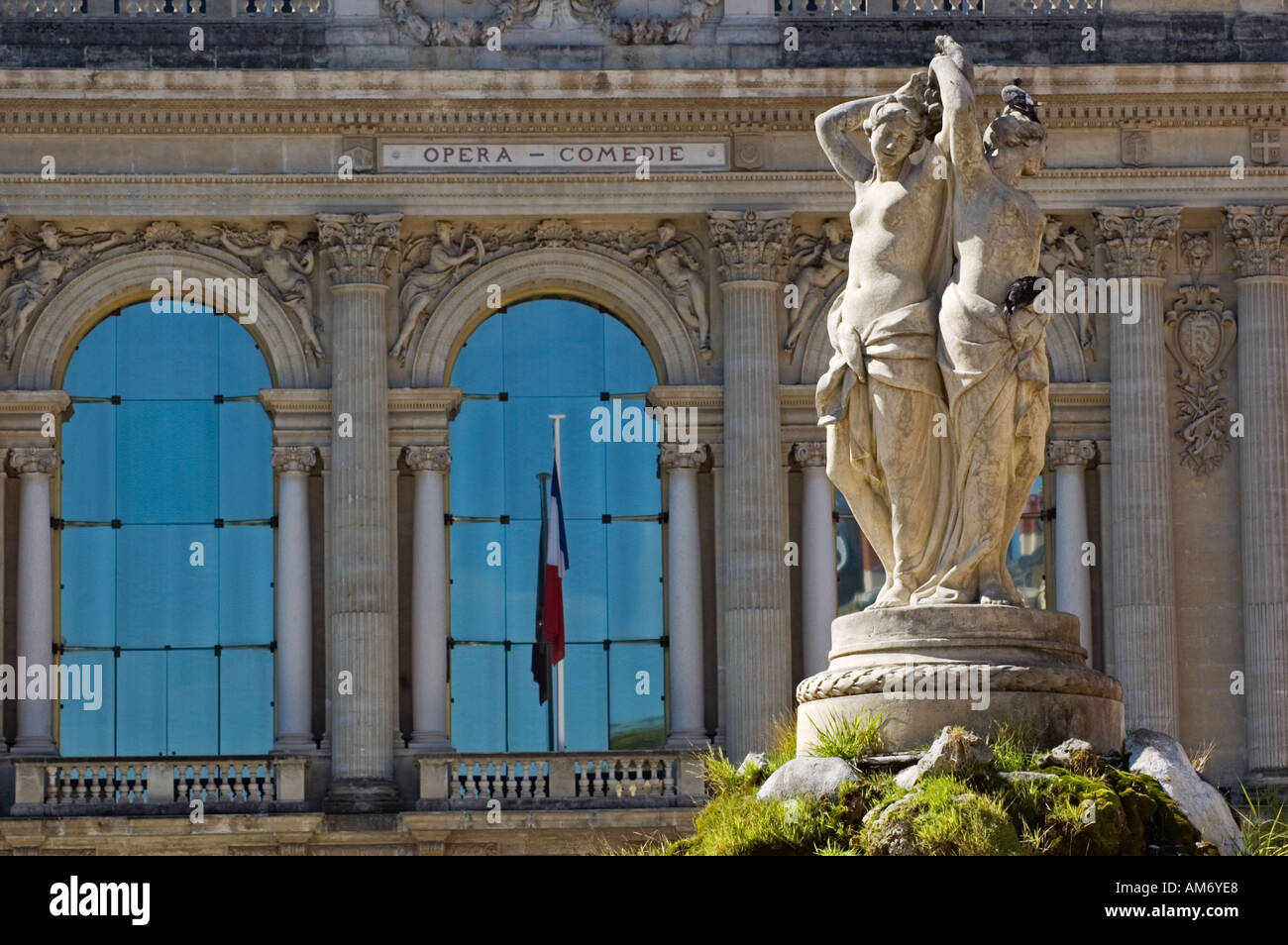 statue in front of opera house Place de la Comedie Montpellier Herault ...