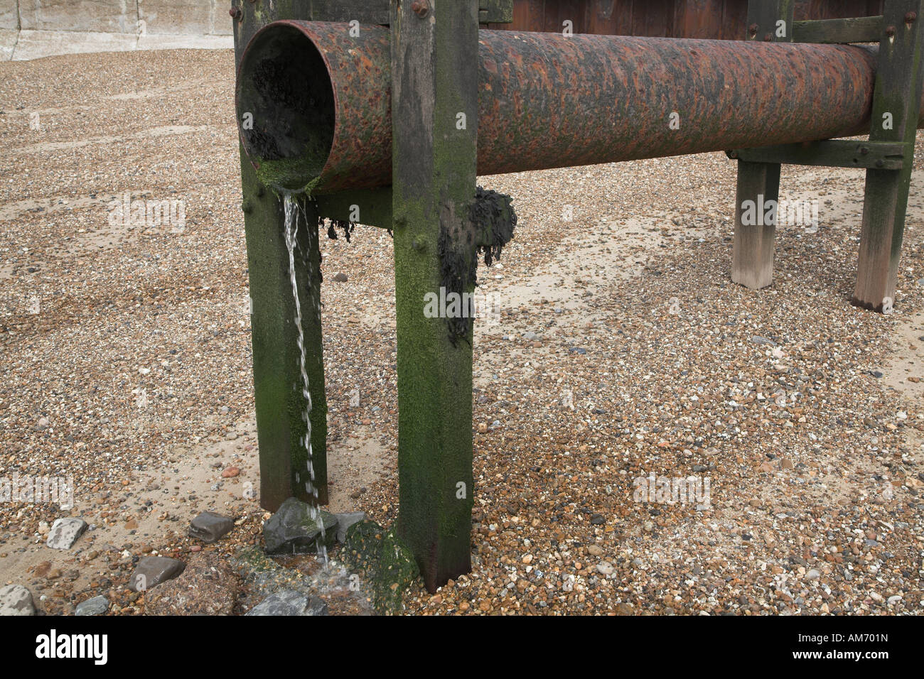 Drain outflow pipe emptying on beach Felixstowe, Suffolk, England Stock ...