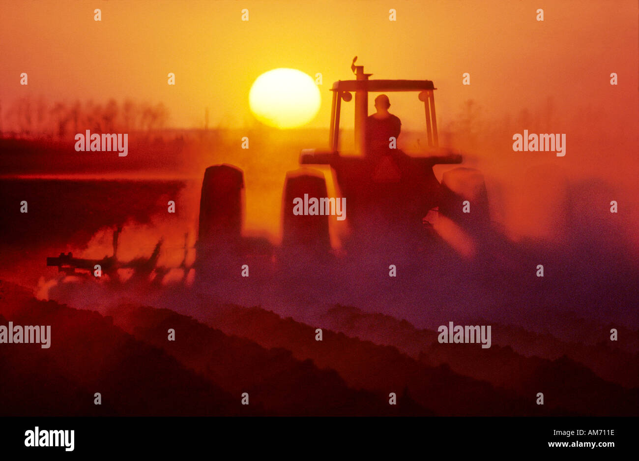 Tractor disking field at sunset Stock Photo - Alamy