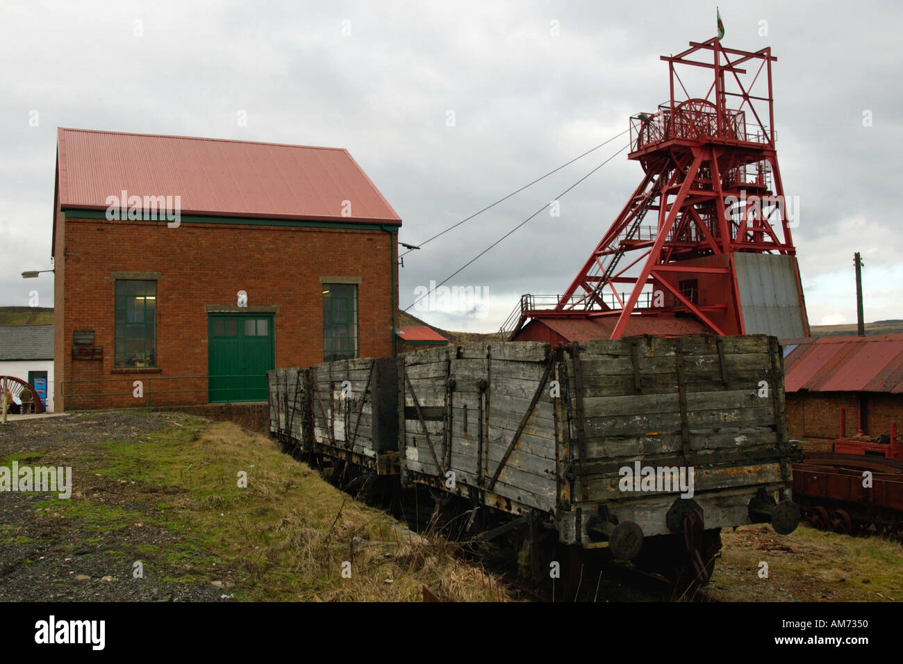 Pit head winding gear viewed over the supplies yard at the Big Pit ...