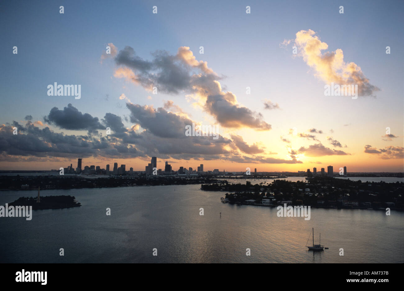 Miami skyline over Biscayne Bay sunset Miami Florida Stock Photo - Alamy