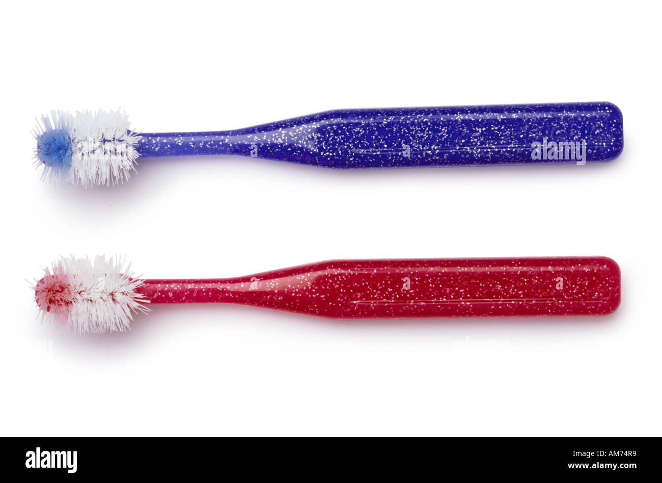 Red and blue worn toothbrushes Stock Photo - Alamy
