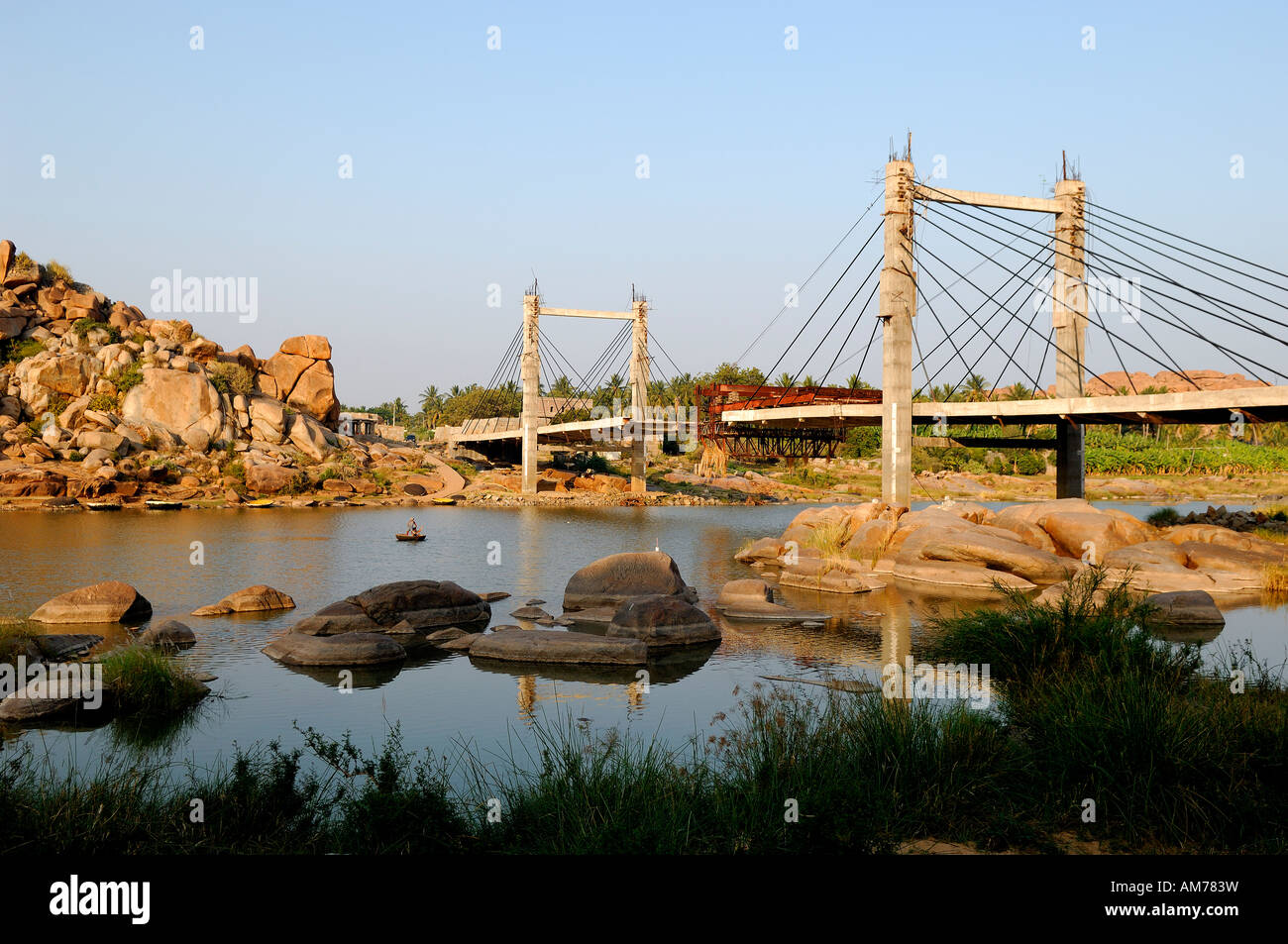 India, Karnataka, Hampi, uncompleted bridge over Tungabhadra River ...