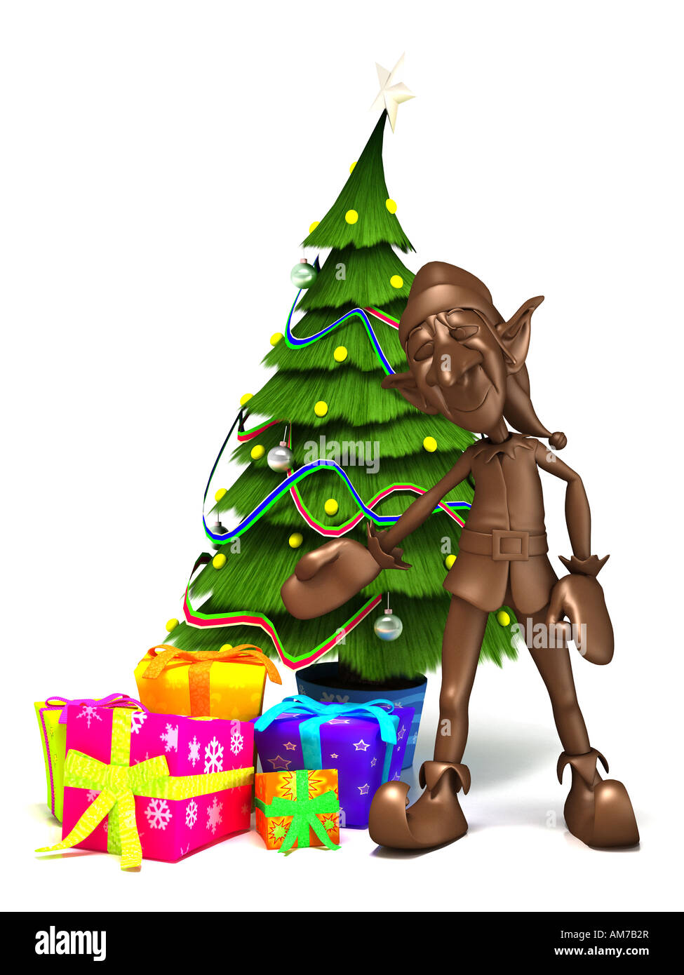 A yummy chocolate elf offers presents to you at Christmas time Stock ...
