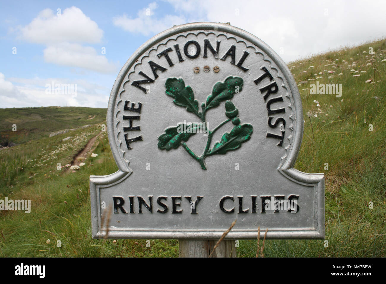 Sign " The National Trust" at the Rinsey Cliff, Cornwall, UK Stock ...