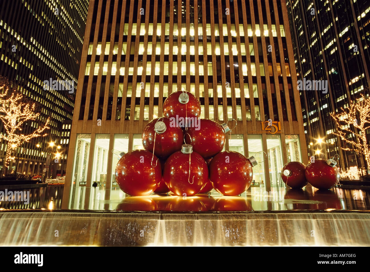 Huge Christmas tree baubles in front of a skyscraper, Upper Midtown ...