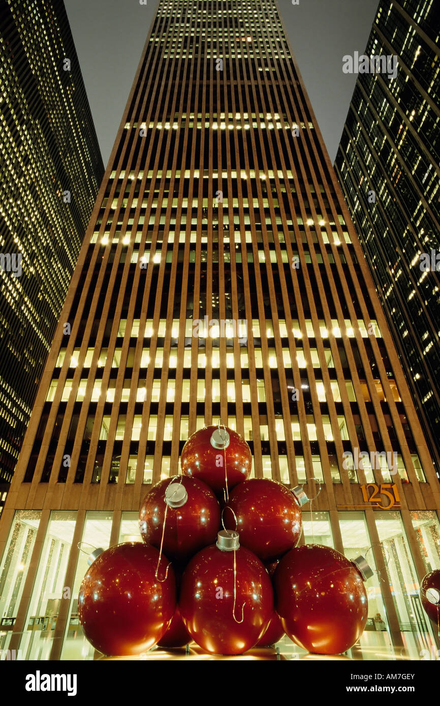 Huge Christmas tree baubles in front of a skyscraper, Upper Midtown ...