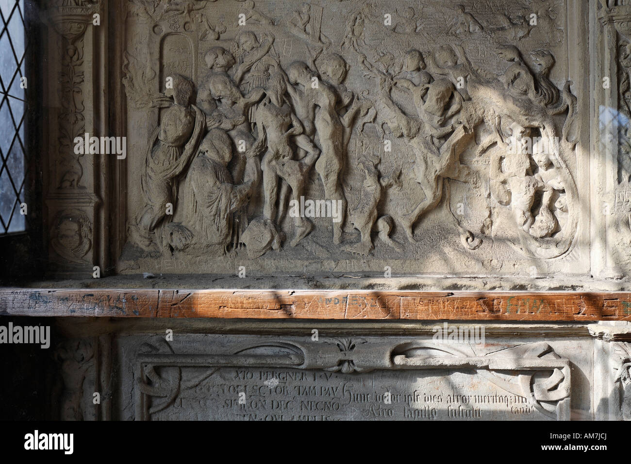 Weathered rococo relief of the former Simeon church at the upper floor ...