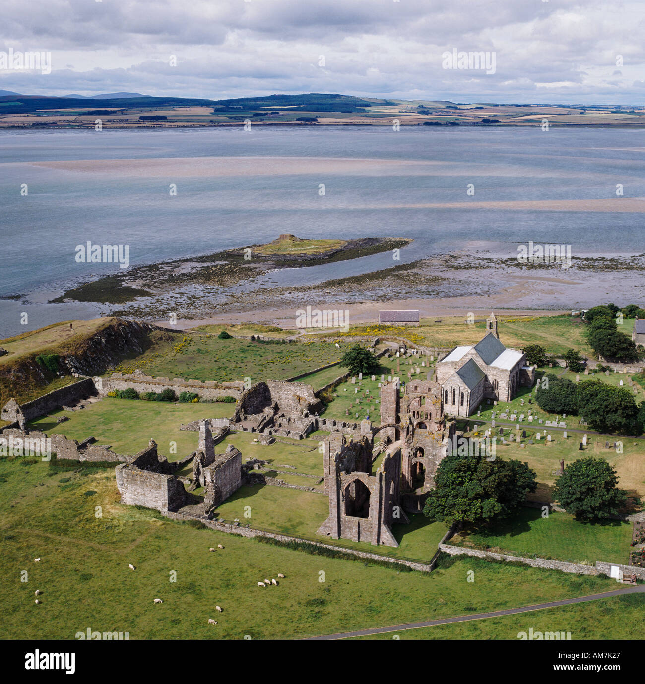 Lindisfarne Priory Holy Island Northumberland UK aerial view Stock ...