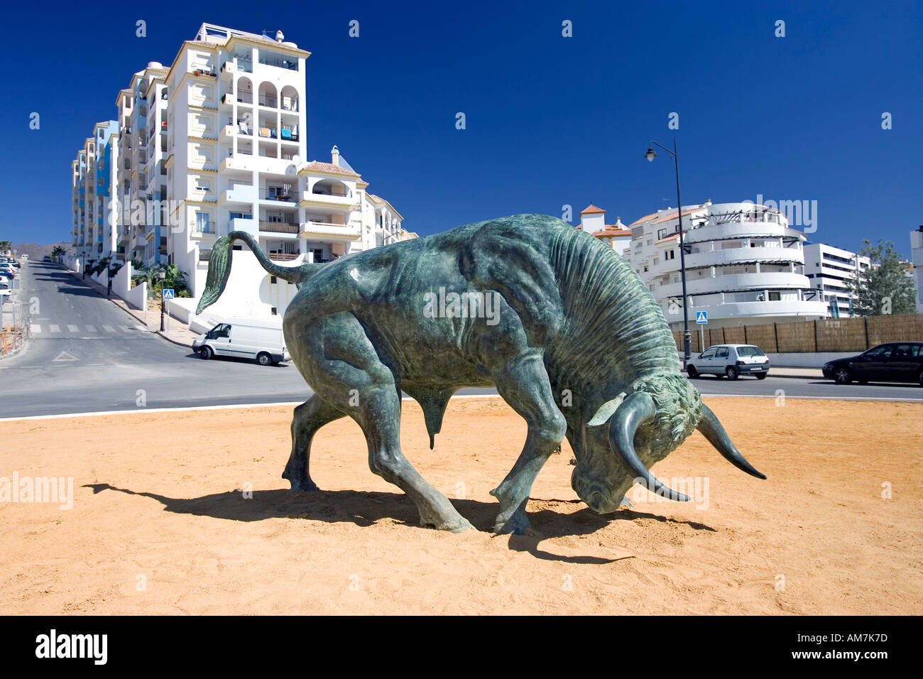 Cast Iron Spanish Bull in center of Roundabout Stock Photo - Alamy