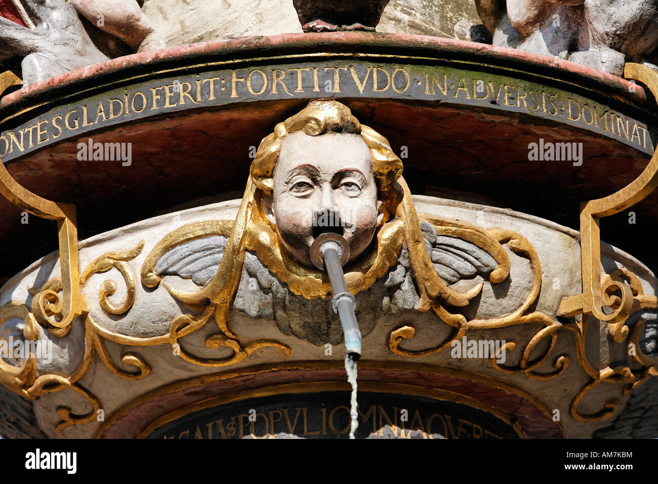 Gargoyle angel, detail of the historic St. Peter fountains, main market ...