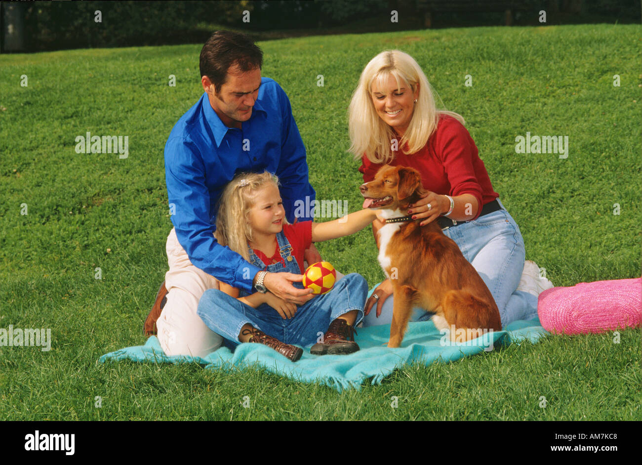 family with half breed dog on meadow Stock Photo - Alamy