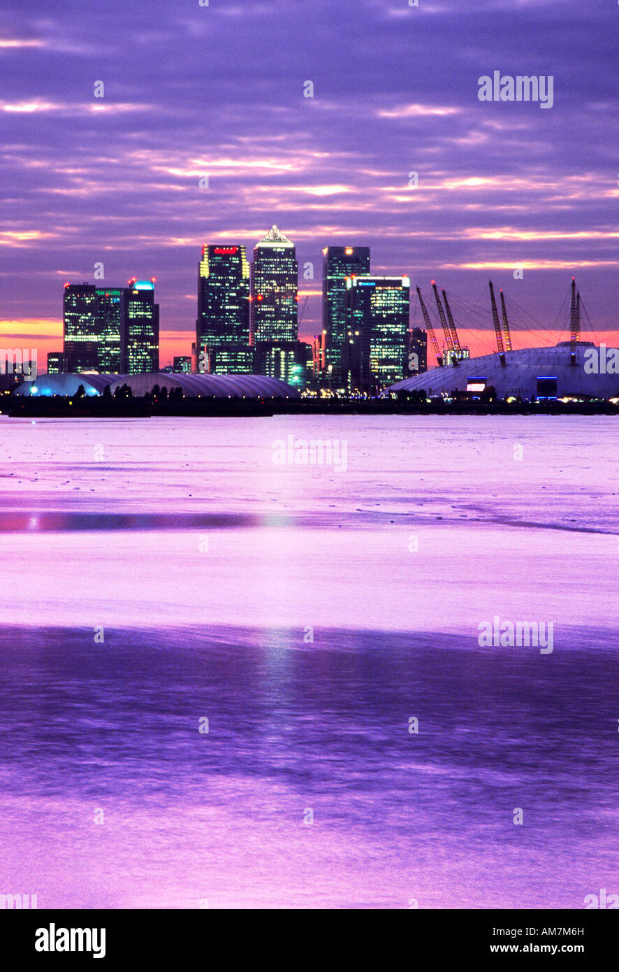 Canary Wharf, the O2 building and the river Thames at sunset Stock ...