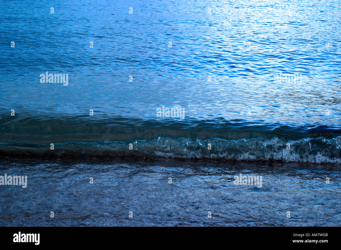 Sun reflecting off the ocean water surface with a wave approaching ...