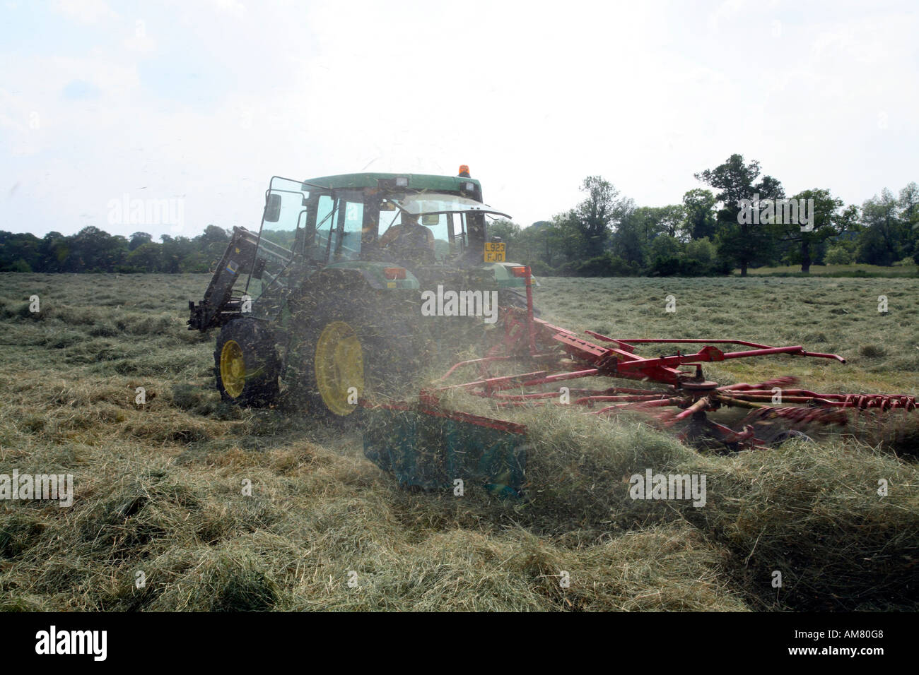 Farmer with tractor and rake rowing hay in summer meadow 2 Stock Photo ...