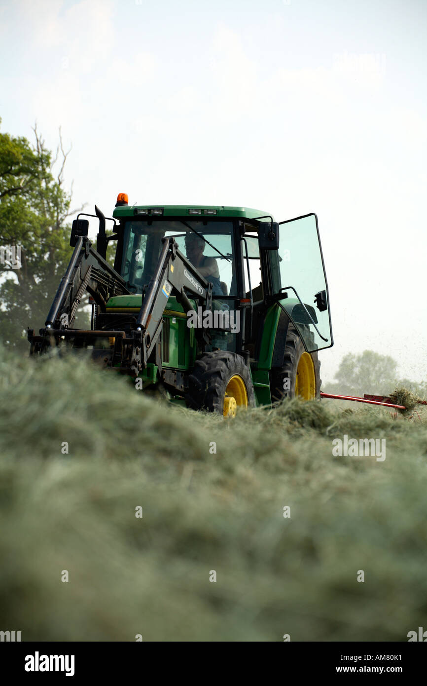 Farmer with tractor and rake rowing hay in summer meadow 14 Stock Photo ...